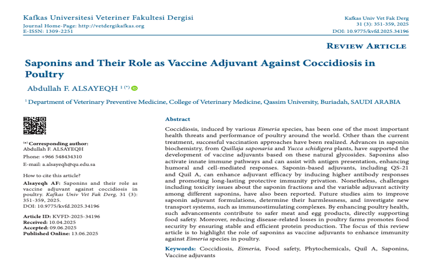 Saponins as a Vaccine Adjuvant for Poultry Coccidiosis